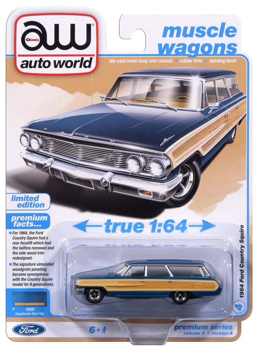 Auto World 1964 Ford Country Squire (Guardsman Blue w/Honey Colored Wo ...